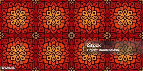 빨간색 추상적 인 원활한 모자이크 장식 오렌지 기하학적 동양 꽃 무늬 보헤미안 원활한 동양 아라베스크 부족 패턴 벡터입니다 0명에 대한 스톡 벡터 아트 및 기타 이미지