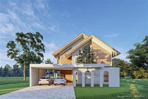 แบบบ้านสองชั้น หลังคาทรงจั่วซ้อน โทนสีอบอุ่น สไตล์โมเดิร์นมินิมอล