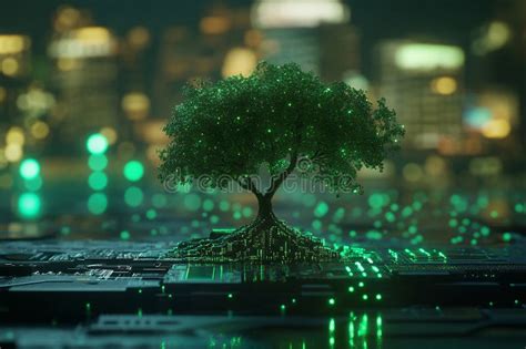 Futuristic Green Tree Growing On Circuit Board Technology Nature Concept Digital Cityscape Stock