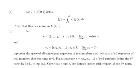 solved for f∈l1[0 1] define ∥f∥ ∫01x2∣f x ∣dx prove that