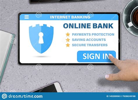 hand with tablet pc tapping button sign in on stone table background internet online banking