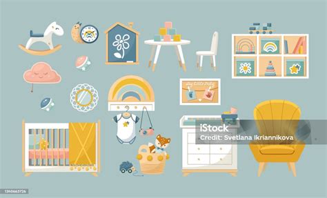 어린이 방 인테리어를위한 컬렉션 베이비 침실 가구 유아 침대 장난감 안락 의자 서랍장 의자가있는 테이블 놀이장난감선반이있는 어린이 보육 가구 설정 옷서랍에 대한 스톡 벡터