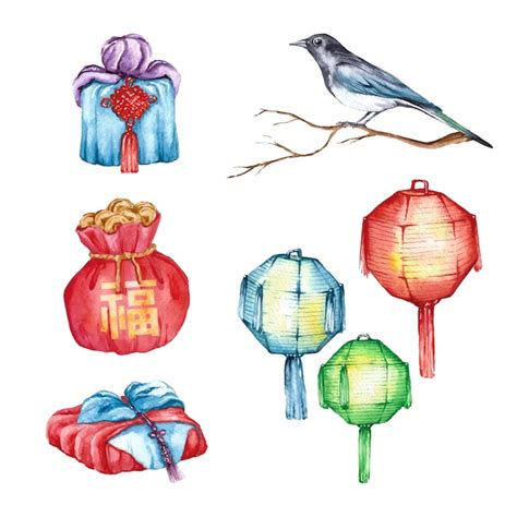 설날 축제 축하를 위한 수채화 디자인 요소 모음 무료 벡터