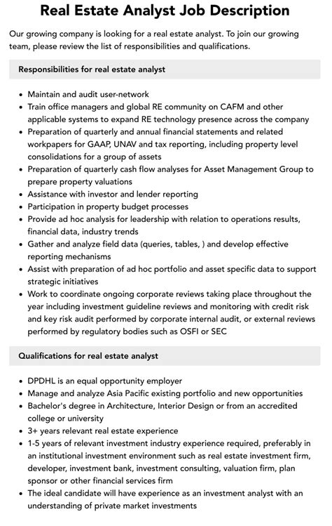 Real Estate Analyst Job Description Velvet Jobs