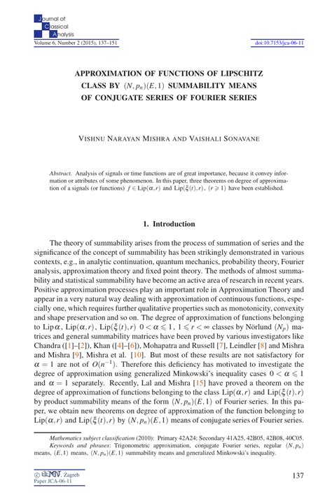 Pdf Approximation Of Functions Of Lipschitz Class By N Pne1