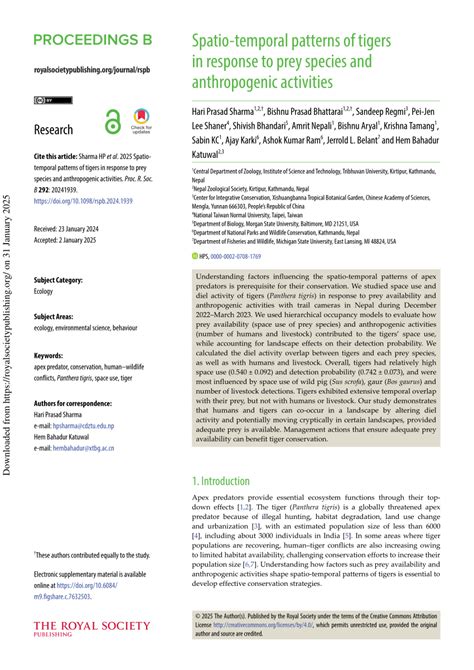 Pdf Spatio Temporal Patterns Of Tigers In Response To Prey Species