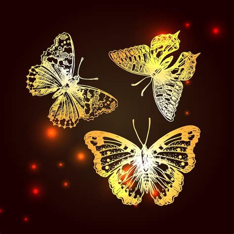 아름 다운 손으로 그린 벡터 일러스트 레이 션 금 나비의 스케치 Boho 스타일 그리기 엽서에 사용 티셔츠 포스터 결혼식 초대장 티슈 린넨 인쇄 프리미엄 벡터