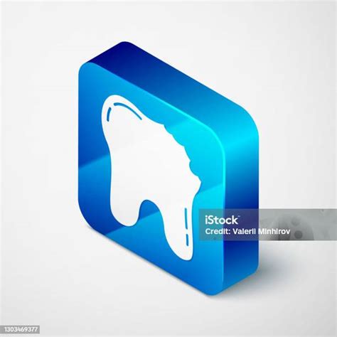 회색 배경에 격리 된 등색 깨진 치아 아이콘 치과 문제 아이콘 치과 치료 기호 파란색 정사각형 버튼 벡터 3차원 형태에 대한 스톡 벡터 아트 및 기타 이미지 Istock