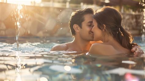 Cheerful Young Couple Being Romantic In A Plunge Pool Two Happy Young