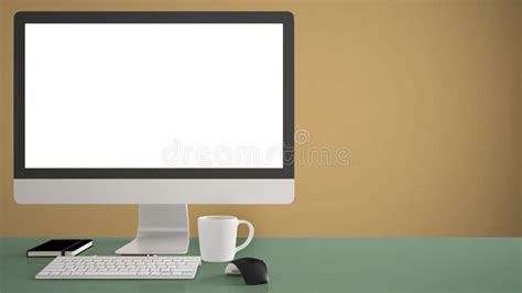 Desktop Mockup Template Computer On Green Work Desk With Blank Screen Keyboard Mouse And
