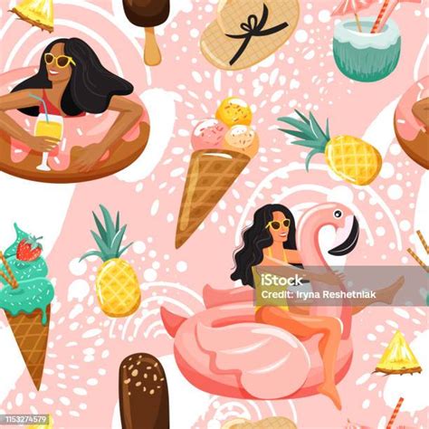 풍선 반지와 귀여운 여름 요소에 떠 있는 아름 다운 여자와 함께 완벽 한 추상 패턴입니다 수영 동작 활동에 대한 스톡 벡터 아트