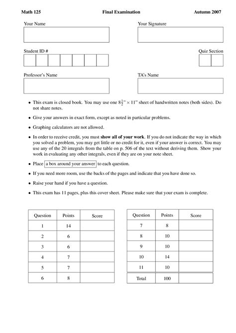Calculus Analytical Geometry Ii Final Examination Math 125 Docsity