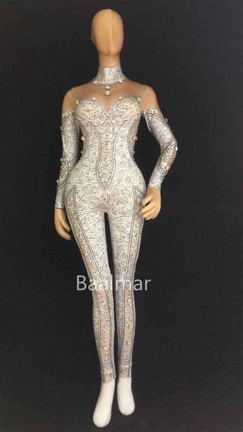 Nightclub Glisten Nude Jumpsuit Sexy Singer Bodysuit Stage Dance