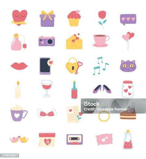 사랑과 로맨스 아이콘 세트 만화 스타일의 하트 선물 메시지 꽃 반지 입술 자물쇠 달력 귀여운에 대한 스톡 벡터 아트 및 기타 이미지 귀여운 꽃 식물 낮 Istock