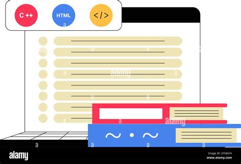 open laptop with coding languages and books in flat vector illustration