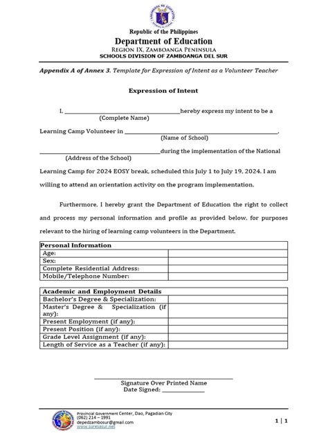 appendix a of annex 3 template for expression of intent as a volunteer