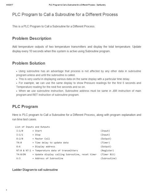 Plc Program To Call A Subroutine For A Different Process Pdf Programmable Logic Controller