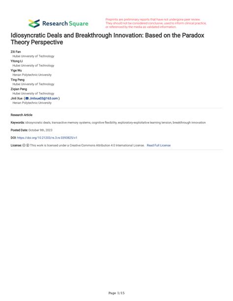 Pdf Idiosyncratic Deals And Breakthrough Innovation Based On The Paradox Theory Perspective