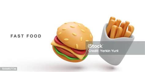 3d 현실적인 햄버거와 감자 튀김 벡터 그림입니다 3차원 형태에 대한 스톡 벡터 아트 및 기타 이미지 3차원 형태 감자 요리 개념 기호 Istock