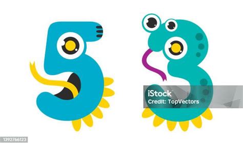 귀여운 몬스터 번호 5 재미있는 청록색 괴물 만화 벡터 일러스트 레이 션의 모양에 3 숫자 개체 그룹에 대한 스톡 벡터 아트 및 기타 이미지 Istock