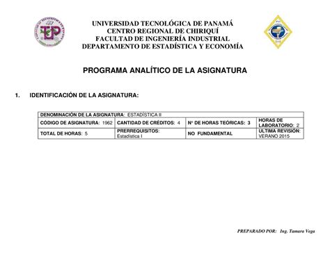 Programación Analítica De Estadistica Ii Universidad TecnolÓgica De PanamÁ Centro Regional De