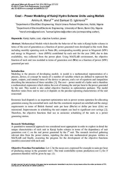 pdf cost power modelling of kainji hydro scheme units using matlab