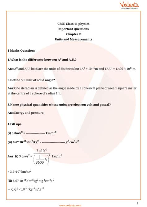 Important Questions For Cbse Class 11 Physics Chapter 2 Units And Measurement