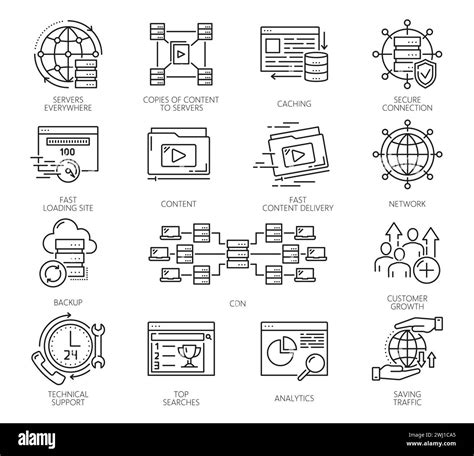Cdn Content Delivery Network Icons Vector Thin Line Data Center Proxy Servers And Computers