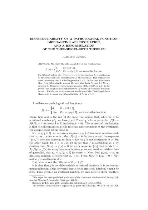 Pdf Differentiability Of A Pathological Function Diophantine Approximation And A