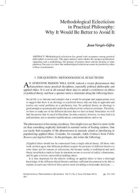 Pdf Methodological Eclecticism In Practical Philosophy Why It Would