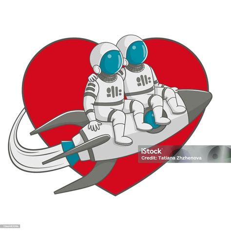함께 로켓을 타고 비행하는 우주비행사 몇 명 사랑 로맨스 관계 만화 일러스트레이션 사인 포스터 배지 스티커 디자인 벡터 우주 비행사에 대한 스톡 벡터 아트 및 기타 이미지