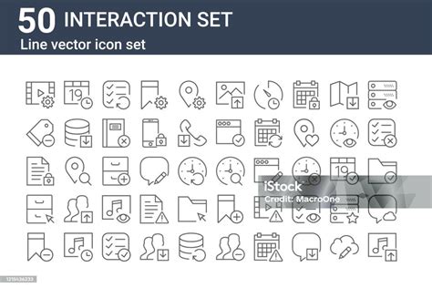 50 개의 상호 작용 세트 아이콘 세트 음악 플레이어 북마크 아카이브 파일 가격 태그 캘린더 스톱워치와 같은 얇은 선 아이콘의 윤곽선 0명에 대한 스톡 벡터 아트 및 기타