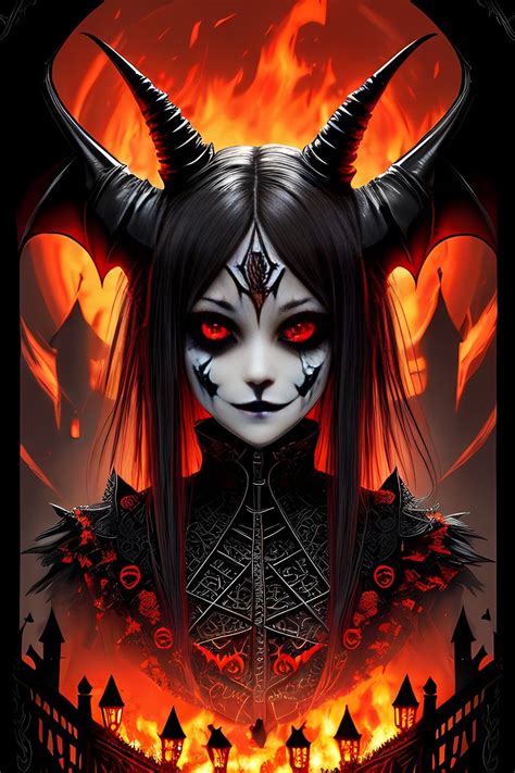 An Evil Woman With Horns And Fangs On Her Face In Front Of A Red Background