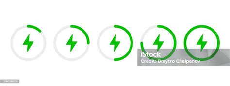 배터리 충전 원 표시기 아이콘 세트 녹색 라운드 배터리 전력 수준 벡터 일러스트 레이 션 모음입니다 둥근 다이어그램 인포그래픽 기호 내부의 번개 로딩 중 프로세스 진행률
