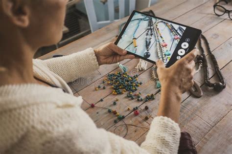 Beautiful Babe Adult Woman At Home With Personal Laptop Computer Work And Use Modern Internet