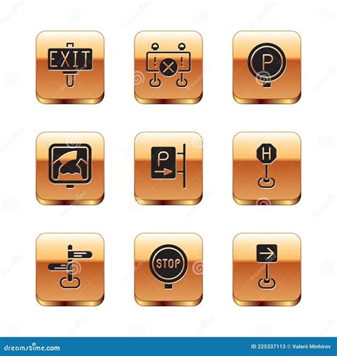 Set Fire Exit Road Traffic Sign Stop Parking Drawbridge Ahead Traffic Turn Right And