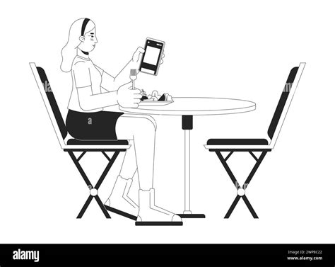 Blonde Woman On Phone While Eating Black And White 2d Line Cartoon Character Stock Vector Image