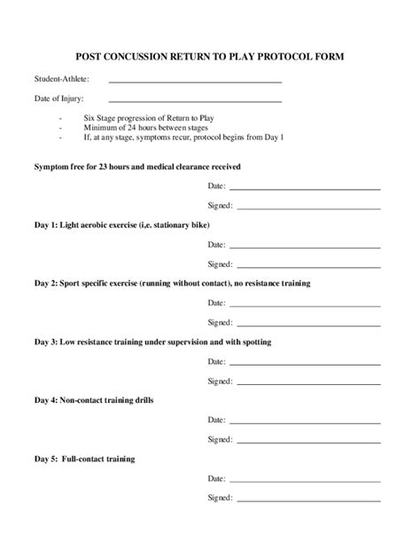 Fillable Online Post Concussion Return To Play Protocol Form Fax Email