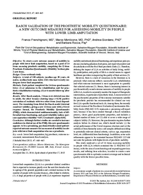 Pdf Rasch Validation Of The Prosthetic Mobility Questionnaire A New