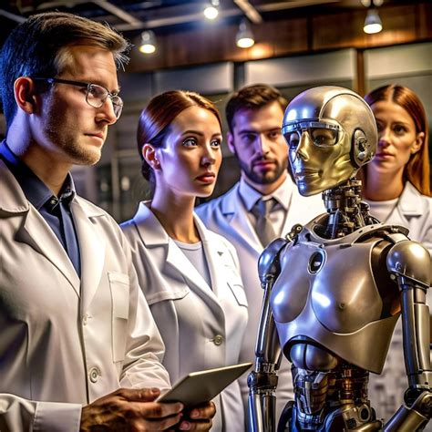 A Team Of Scientists Examines A Humanoid Robot Showcasing Advancements
