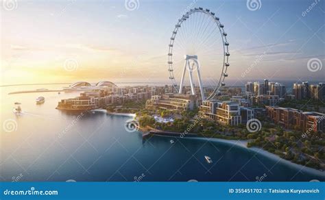 Modern City Skyline With Ferris Wheel Waterfront Luxury Buildings