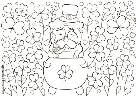Cute Coloring Page For St Patrick S Day With Pug Character In Lucky Hat Smoking Tube In Cauldron
