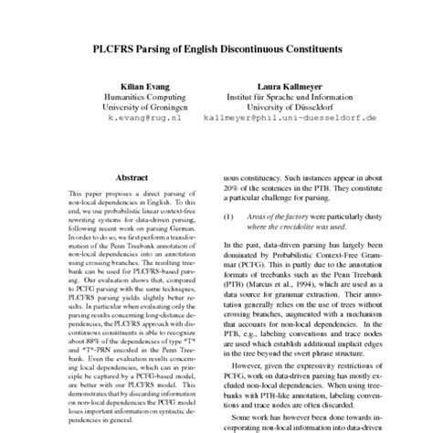 Plcfrs Parsing Of English Discontinuous Constituents Acl Anthology