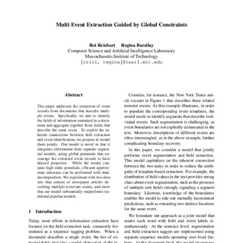 Multi Event Extraction Guided By Global Constraints Acl Anthology