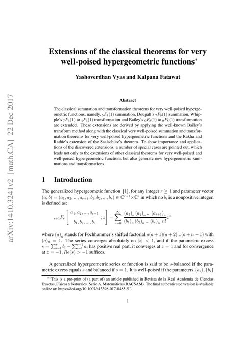 Pdf Extensions Of The Classical Theorems For Very Well Poised Hypergeometric Functions
