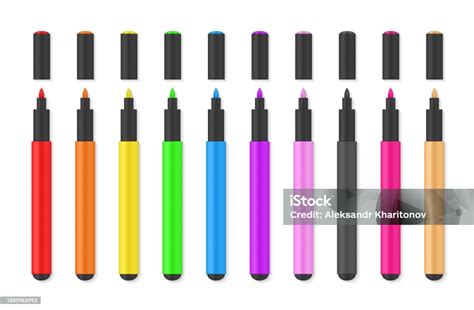 검은 몸과 뚜껑이 사실적인 세트컬러 마커 펠트 또는 섬유 팁 하이라이터 펜을 엽니다 싸인펜에 대한 스톡 벡터 아트 및 기타