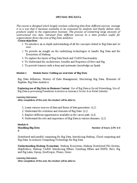 Big Data Syllabus For Theory And Lab Pdf Apache Hadoop Big Data