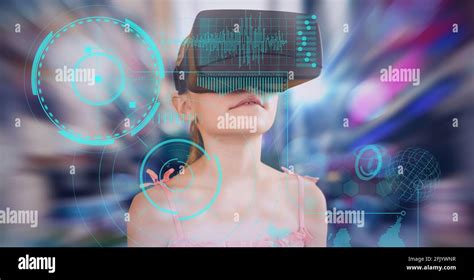 composition of data processing and scopes scanning over girl wearing vr