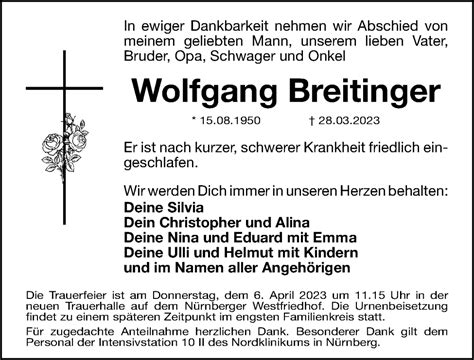 Traueranzeigen Von Wolfgang Breitinger Trauernnde