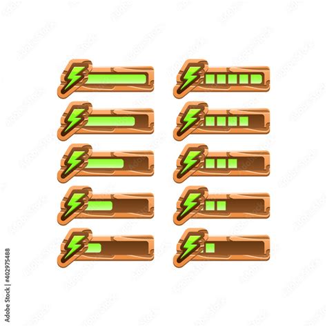 Set Of Wooden Game Ui Energy Speed Stamina Progress Bar From Low To Full For Gui Asset Elements